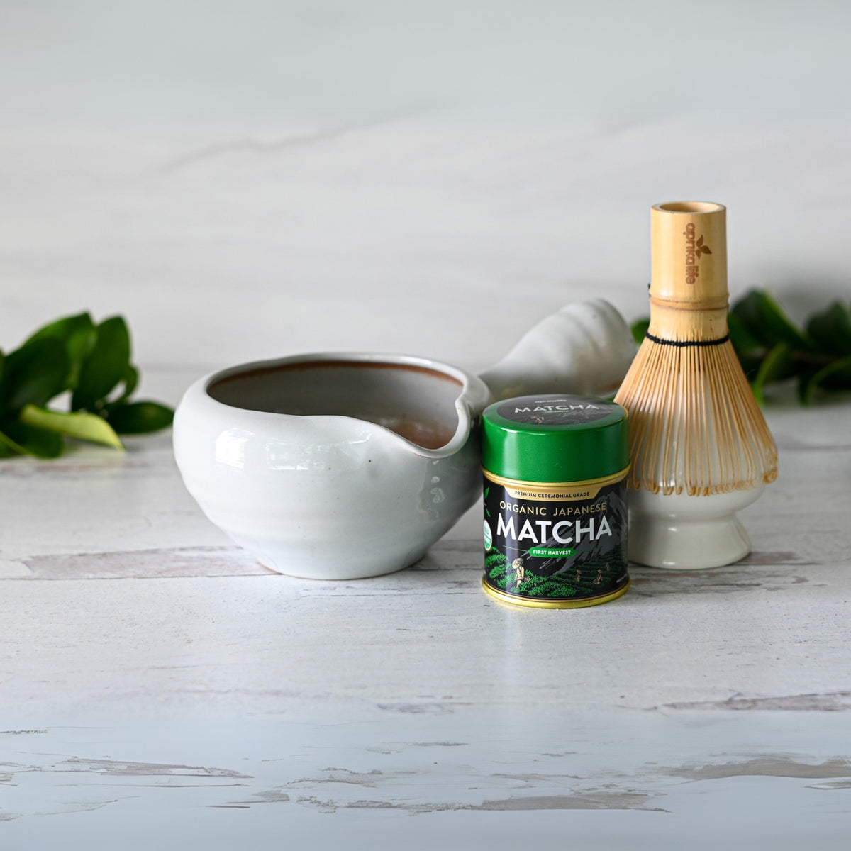 Gray Spouted Ceramic Matcha Bowl with Textured Handle, Bamboo Matcha W ...